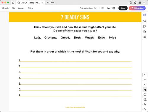 ESL Advanced Lesson: Talk about the 7 Deadly Sins by ESL Class Workshop