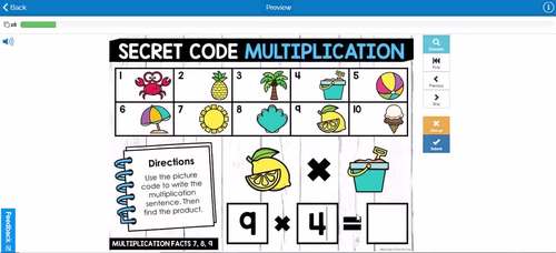 Multiplication Facts Review 7 to 9 Boom Cards Summer Secret Code