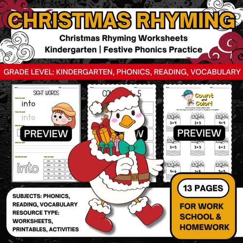 Christmas Rhyming Worksheets Kindergarten | Festive Phonics Practice