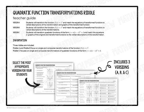 Quadratic Function Transformations Riddle Activity by Math Beach Solutions Quadratic Function Transformations Riddle Activity by Math Beach Solutions
