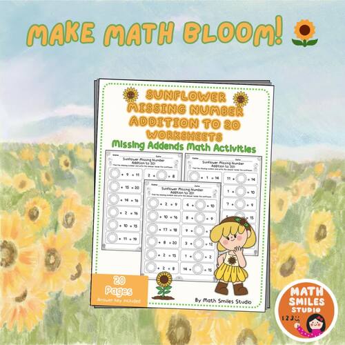 Sunflower Missing Number Addition to 20 Worksheets | Missing Addends ...
