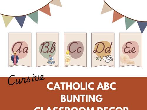 CURSIVE Catholic Alphabet Bunting | Catholic ABC Pennant Banner Neutral