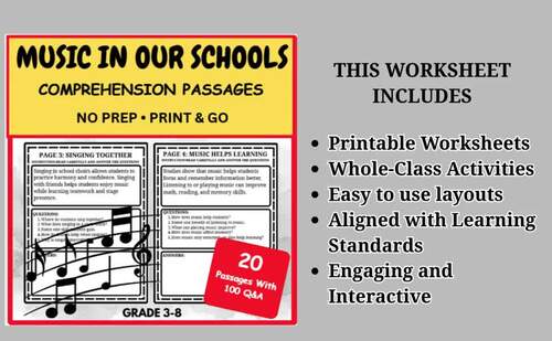 Music Month Reading Comprehension Worksheets (Grades 3–8) by Learnwith Ease