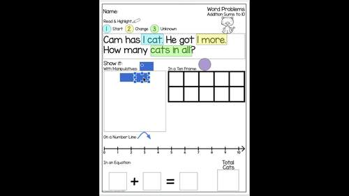 Beginning Word Problems Digital Worksheets Sums to 20 for Google Slides™