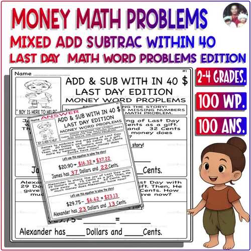 Last Day Math Money Word Problems mixed Add and Sub Within 40 - Sharp ...