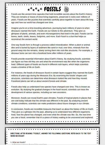 Fossils Reading Passage Worksheet | Comprehension & Writing Printable