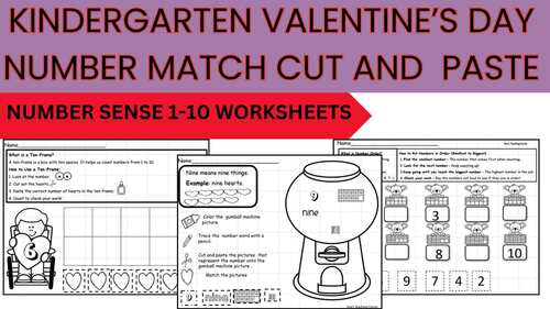 Kindergarten Valentine's Day| Number Match Cut and Paste| 1-10 No Prep