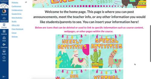 EDITABLE Canvas/Schoology/Online Course Template- Llama Theme | TPT