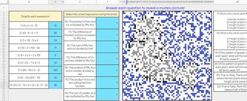 Digital Math Pixel Art Mystery Picture 5th Grade Algebra Review Test Prep