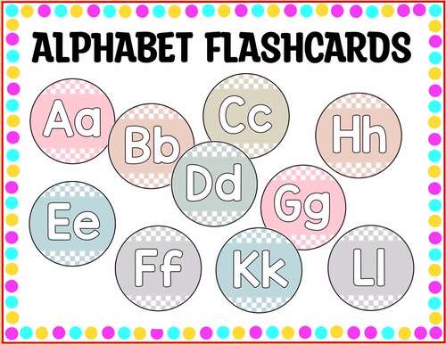 Boho Neutral Checkered Alphabet Flashcards, Round Word Wall Letters