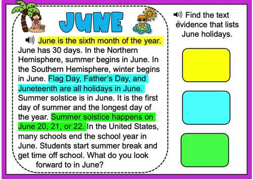 June Finding Citing Text Evidence Reading Boom Cards Task Cards with Audio