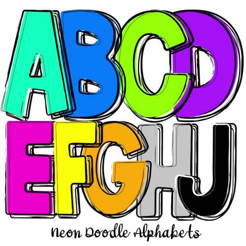 Bright Color Doodle Alphabet bulletin board letters font for teachers
