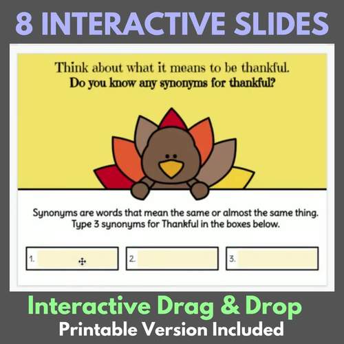 Thankful Synonyms and Antonyms Thanksgiving Activities Print and Digital