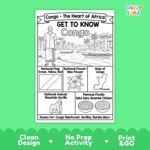 Congo Republic Country Study Geography Coloring Page Worksheet Activity ...