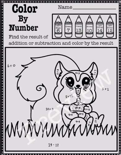 Color by number from addition & subtraction with animal within 20, Pre ...