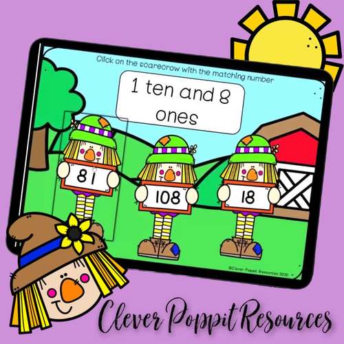 Teen Number Place Value Scarecrows - Boom Cards by Clever Poppit Resources