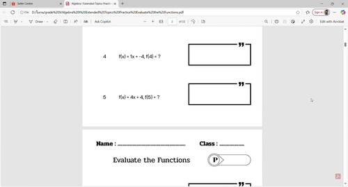 Algebra I: Extended Topics Practice "Evaluate the Functions" by chiwden