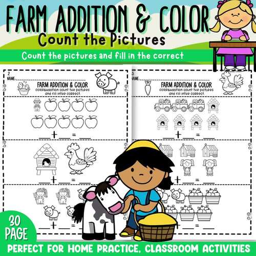 Farm Animals Addition within 10 Activity Workbook, Count and Add the ...