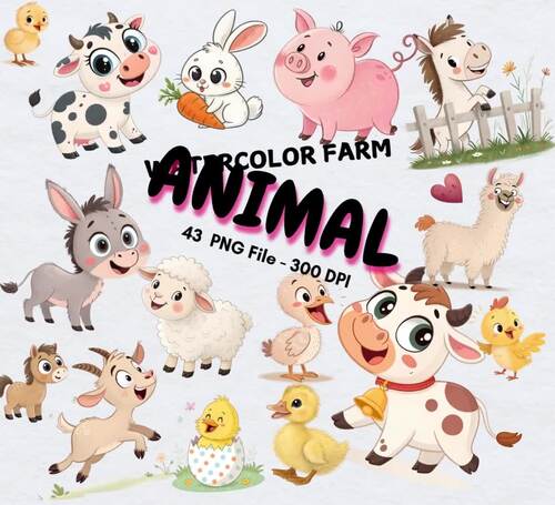 Farm Animal Clipart, Watercolor Farm Animal Clipart, Animals Clipart Set