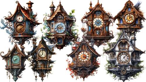 Watercolor Cuckoo Clocks Clipart Set of 20 Files by ArtisticTimberStudio
