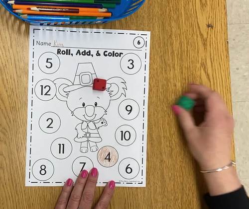Addition to 12 Worksheets Grades K-2 Thanksgiving Roll Add Color Dice Game