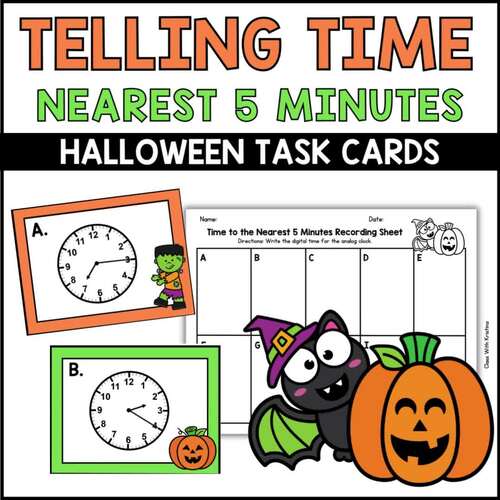 Halloween Telling Time to the Nearest 5 Minute Scoot Math Game Task Cards