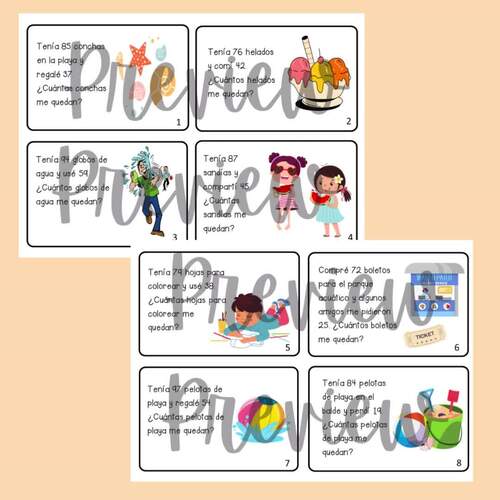 Problemas de cuento de resta de En Verano Subtraction Problems Spanish