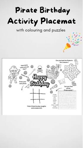 Pirates Birthday Party Activity Placemat, Coloring Page, Activity Sheet,