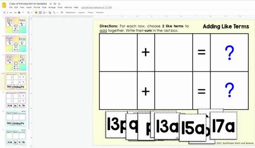 Introduction to Algebraic Variables by Scaffolded Math and Science