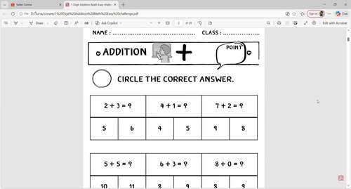 1 Digit Addition Math Easy challenge by chiwden | TPT