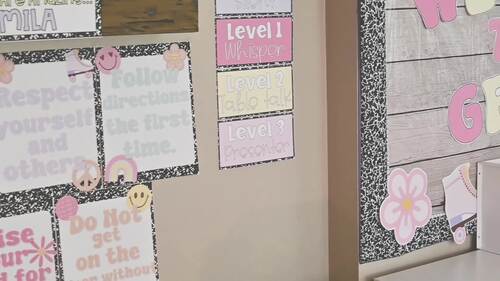 Groovy Classroom Composition Notebook Decor Starter Bundle - Editable Files