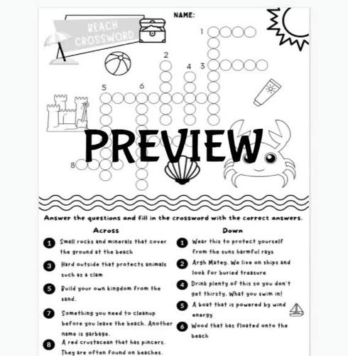 Beach Coloring Activity and Crossword Puzzle | Summer Fun | Pages Sheets