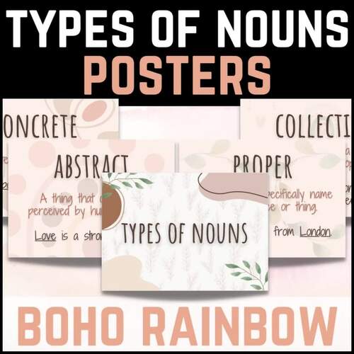 Types of Nouns Grammar Display Posters Boho Rainbow by Organised Educator