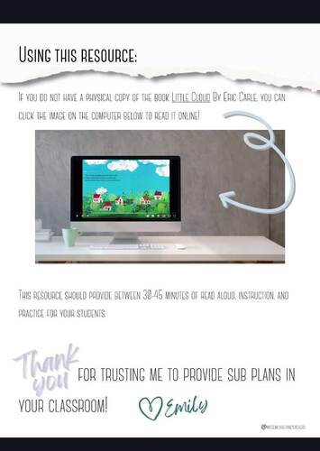 Sub Plans Made Easy - Little Cloud - Literacy/Writing Emergency Sub Plans