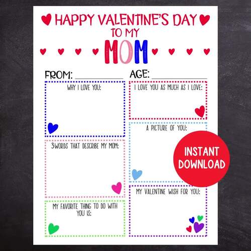 Kid's Valentine's Card for Mom, Printable Classroom Valentine's Activity
