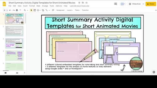 Short Summary Activity Digital Templates for Short Animated Movies