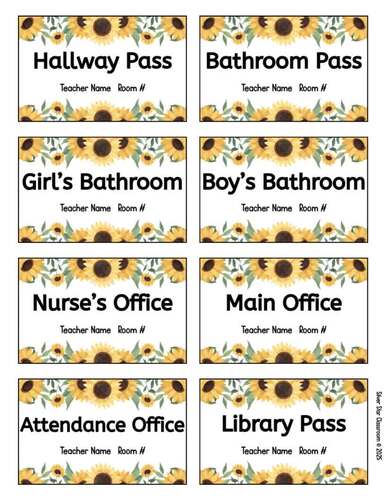 Sunflower-Themed Hallway Passes | 10 EditableDesigns | Lanyard Badge Holder
