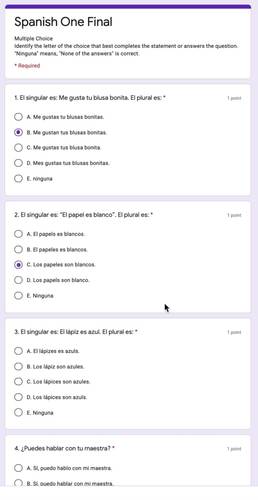 Spanish One and Two Final Exams Autocorrecting and Printable by Angie Torre