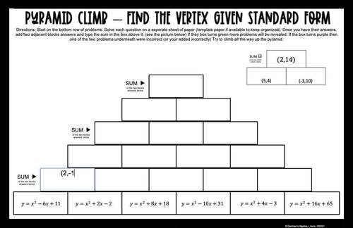 Find the Vertex Given Standard Form Quadratics | Pyramid Climb | TPT
