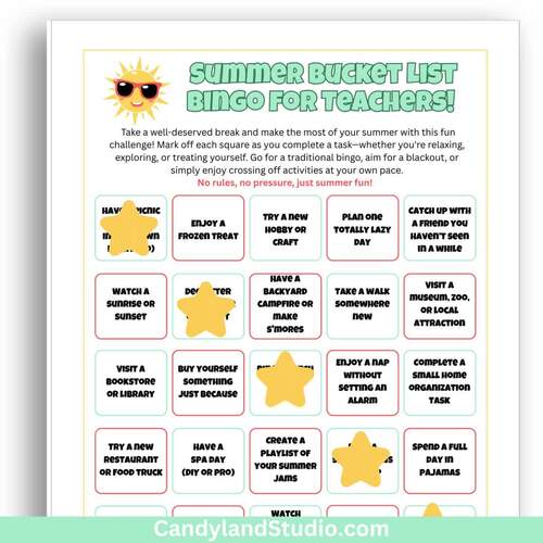 Summer Bucket List Bingo Card for Teachers - Relaxation, Self-Care ...
