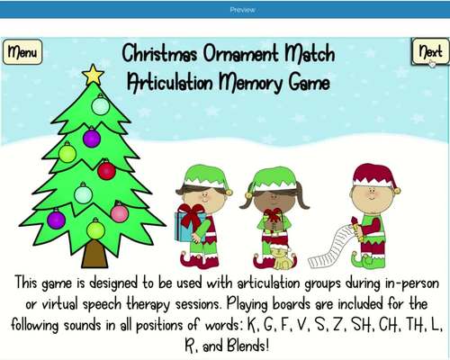 Christmas Ornament Match Articulation Memory Game Boom Cards Speech Therapy