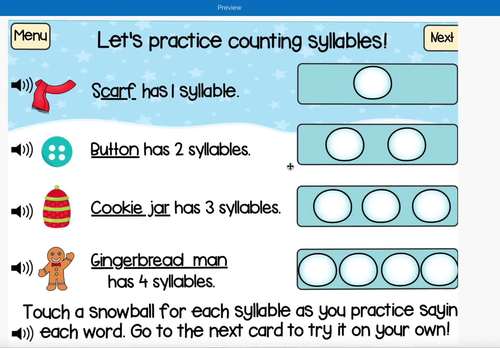Counting Syllables Winter Boom Cards Multisyllabic Words Speech Therapy ...