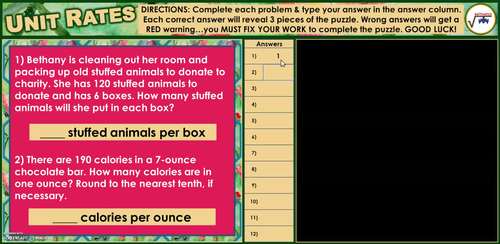 Unit Rates Word Problems DIGITAL SELF CHECKING MYSTERY PUZZLE by Battmatics