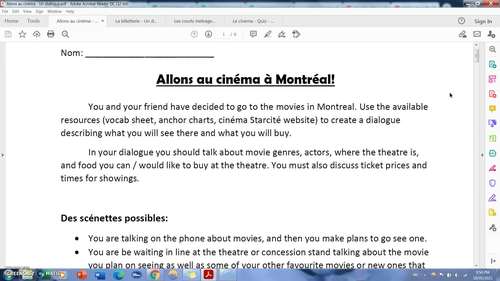 Allons au cinéma: Un dialogue (French Movie-themed Skit Creation Activity)