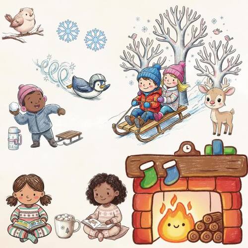 Winter Kids Clipart | Crayon Style Children & Animals | Classroom Graphics