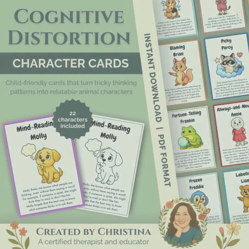 Cognitive Distortion Cards | CBT Animal Character Flash Cards | TPT