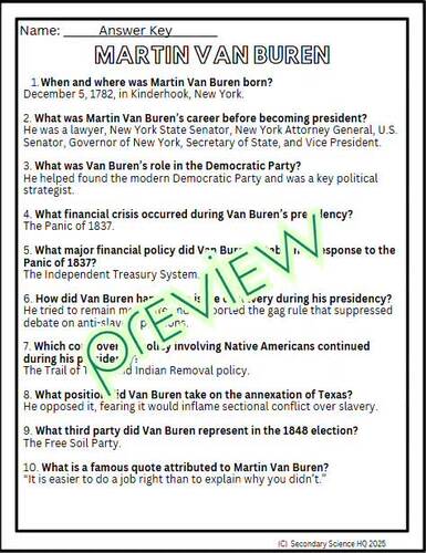 Martin Van Buren Study Guide with Worksheet, PDF Coloring and Review ...