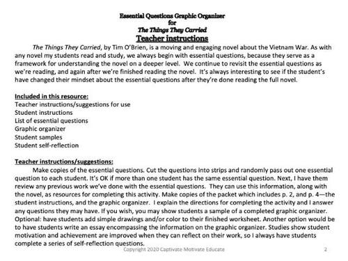 Essential Questions Graphic Organizer for The Things They Carried, analysis
