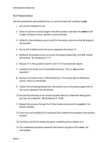 Montessori Math 1 Manual Memorization Exercises Division Lesson Plans ...