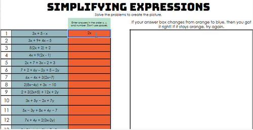 Simplifying Expressions Pixel Art-Combining Like Terms and Distributive ...
